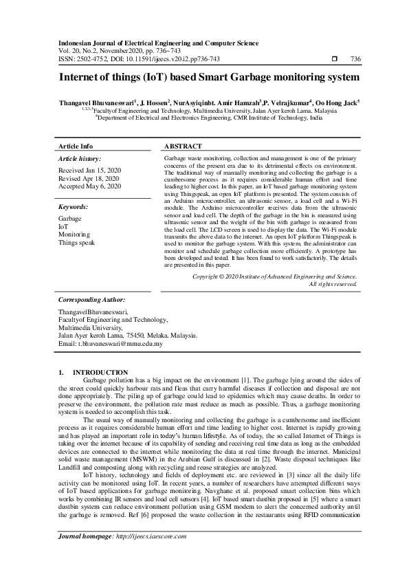 (PDF) Internet of things (IoT) based smart garbage monitoring system | Thangavel Bhuvaneswari ...