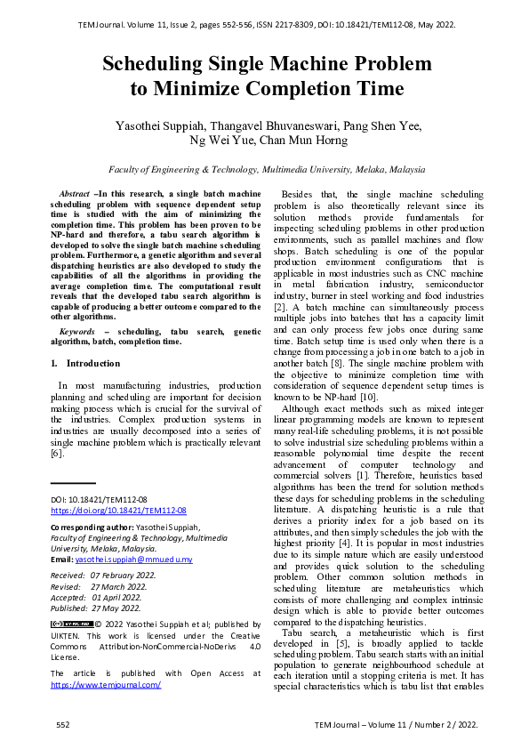 Pdf Scheduling Single Machine Problem To Minimize Completion Time