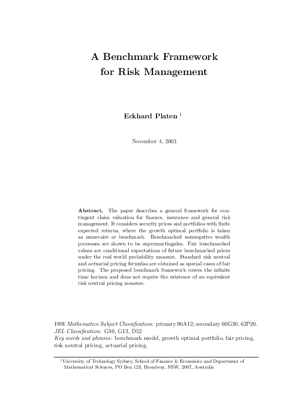 (PDF) A Benchmark Framework for Risk Management
