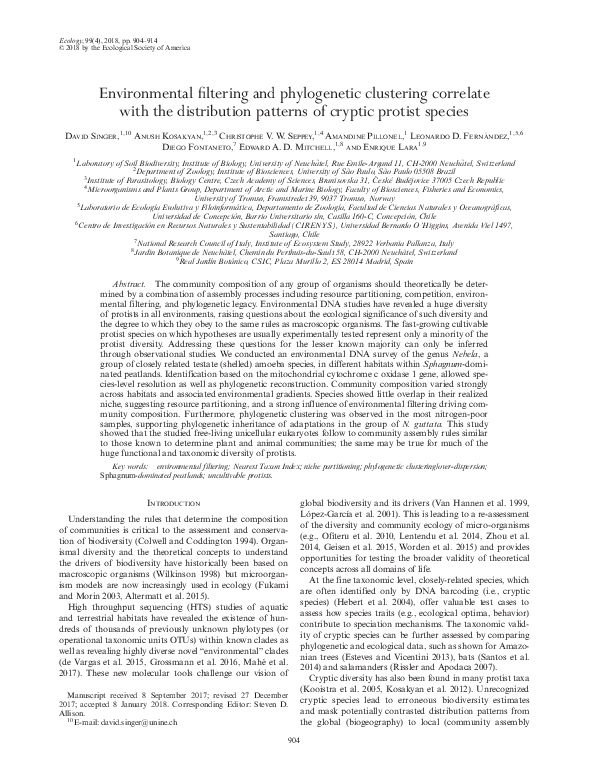 (PDF) Environmental filtering and phylogenetic clustering correlate ...