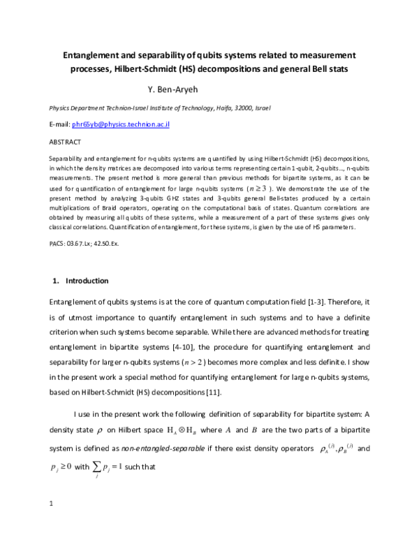 (PDF) Entanglement and separability of qubits systems related to measurement processes, Hilbert ...