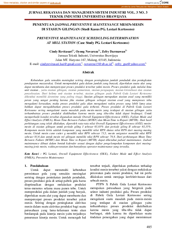 (PDF) PENENTUAN JADWAL PREVENTIVE MAINTENANCE MESIN-MESIN DI STASIUN ...