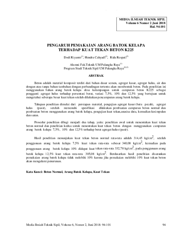 (PDF) Pengaruh Pemakaian Arang Batok Kelapa terhadap Kuat Tekan Beton K225 | rida respati ...