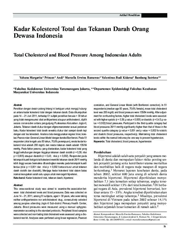 (PDF) Kadar Kolesterol Total dan Tekanan Darah Orang Dewasa Indonesia