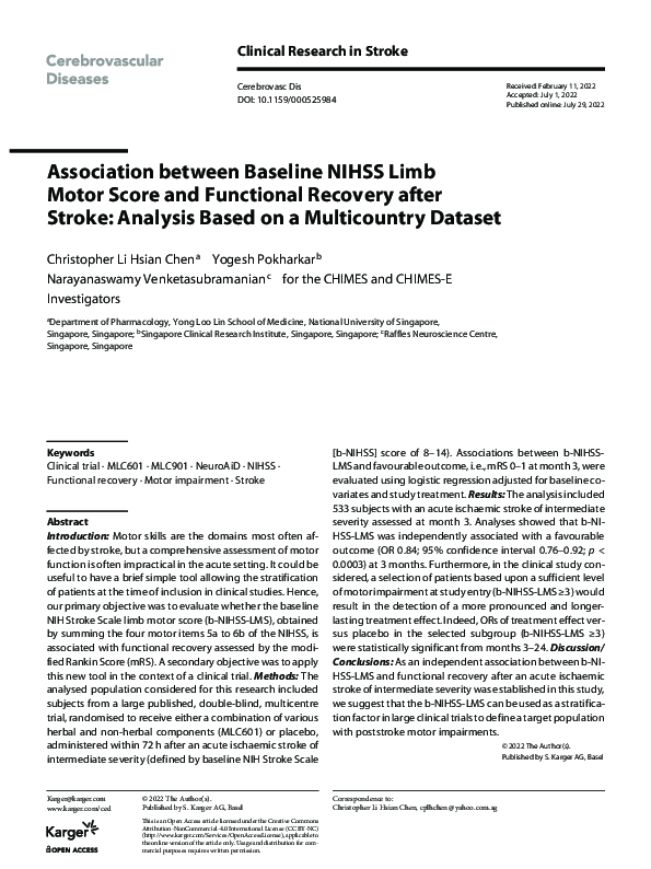 Pdf Association Between Baseline Nihss Limb Motor Score And