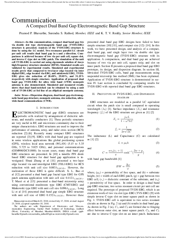 (PDF) A Compact Dual Band Gap Electromagnetic Band Gap Structure