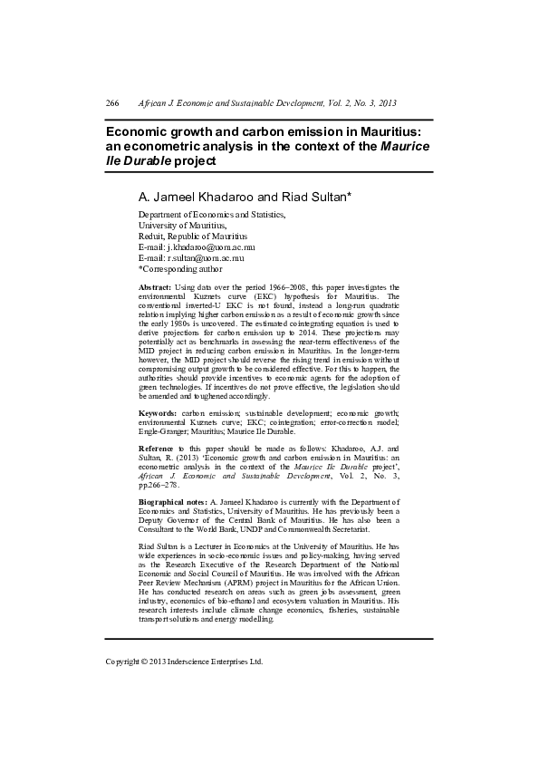 (PDF) Economic growth and carbon emission in Mauritius: an econometric ...