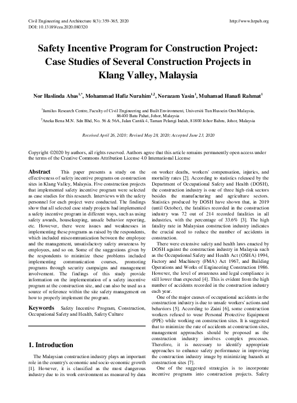 (PDF) Safety Incentive Program for Construction Project: Case Studies ...