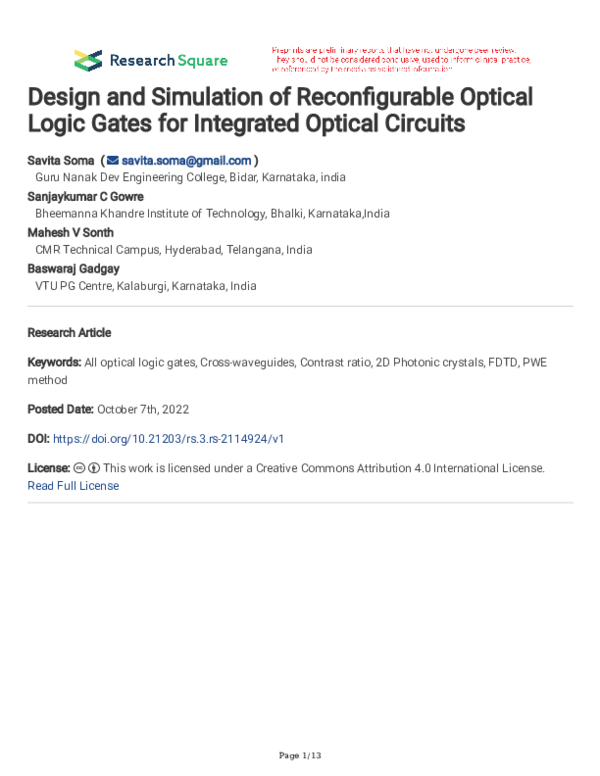 (PDF) Design and Simulation of Reconfigurable Optical Logic Gates for ...