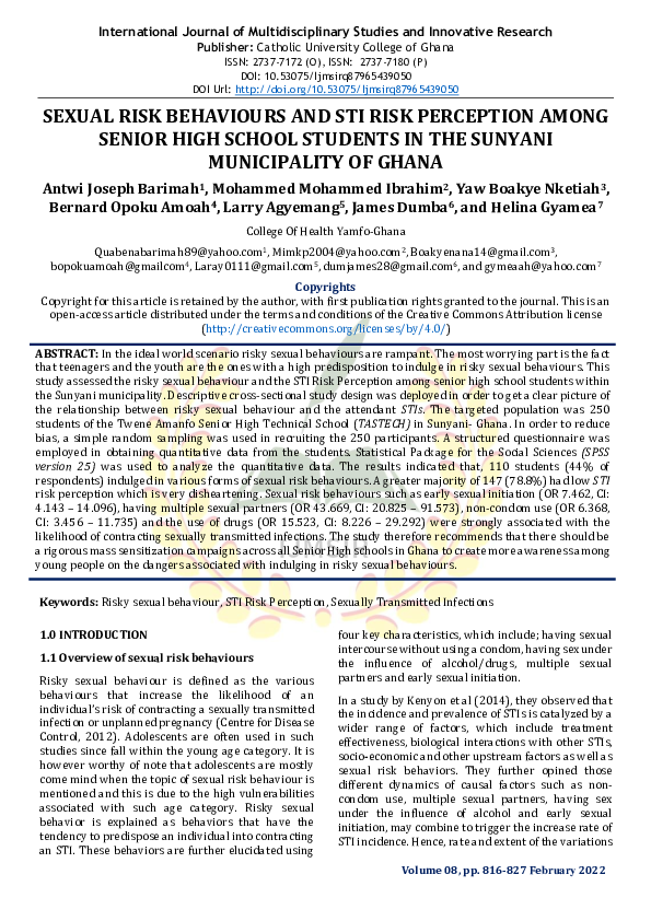 (PDF) Sexual Risk Behaviours and Sti Risk Perception Among Senior High ...