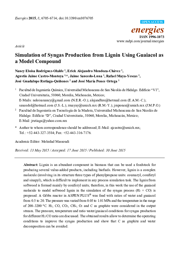 (PDF) Simulation of Syngas Production from Lignin Using Guaiacol as a ...