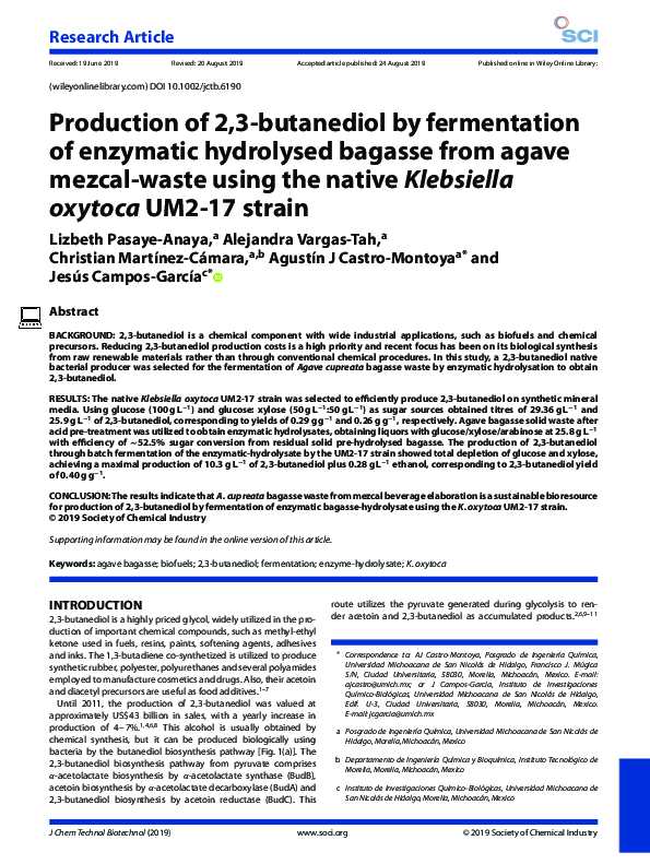 (PDF) Production of 2,3‐butanediol by fermentation of enzymatic hydrolysed bagasse from agave ...