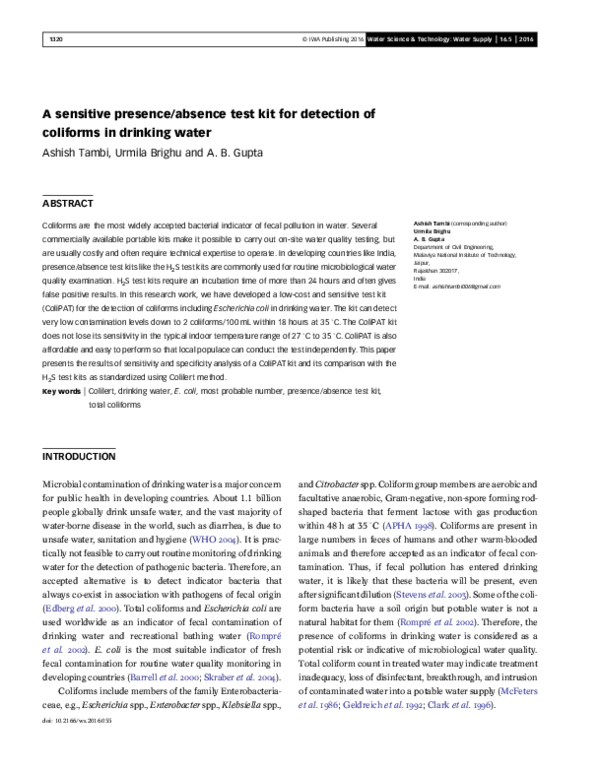 Pdf A Sensitive Presence Absence Test Kit For Detection Of Coliforms In Drinking Water