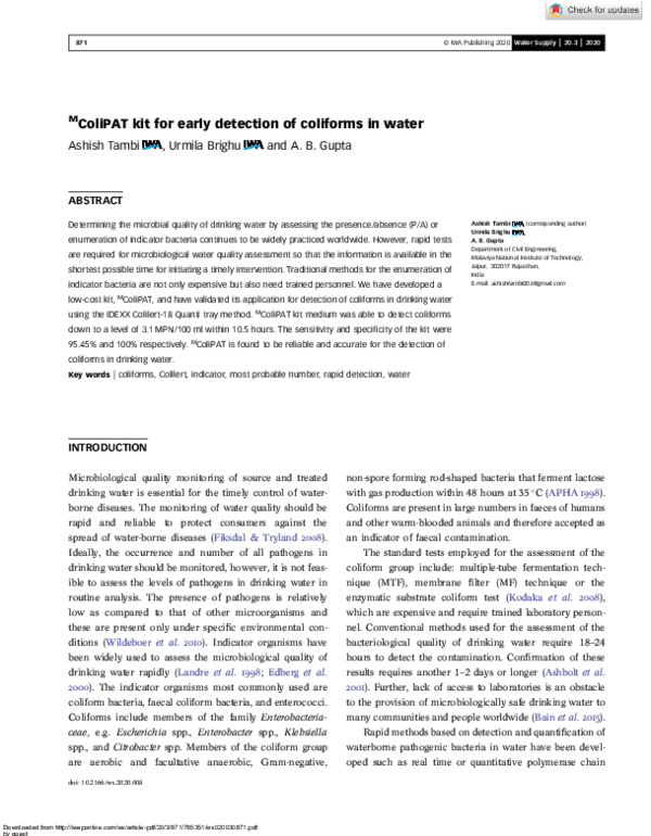 (PDF) MColiPAT kit for early detection of coliforms in water