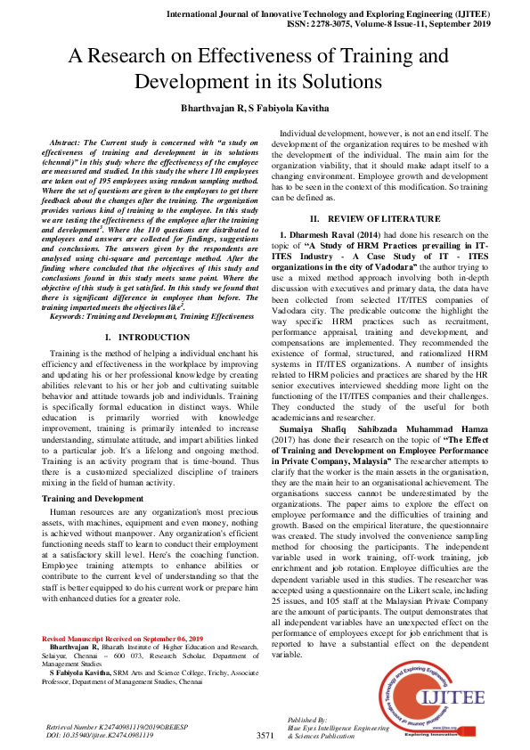 (PDF) A Research on Effectiveness of Training and Development in its ...