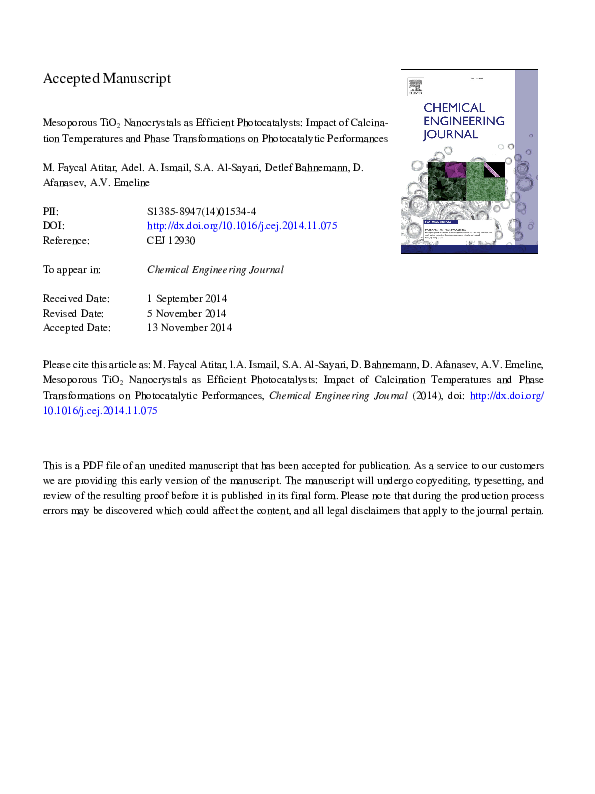 Pdf Mesoporous Tio2 Nanocrystals As Efficient Photocatalysts Impact