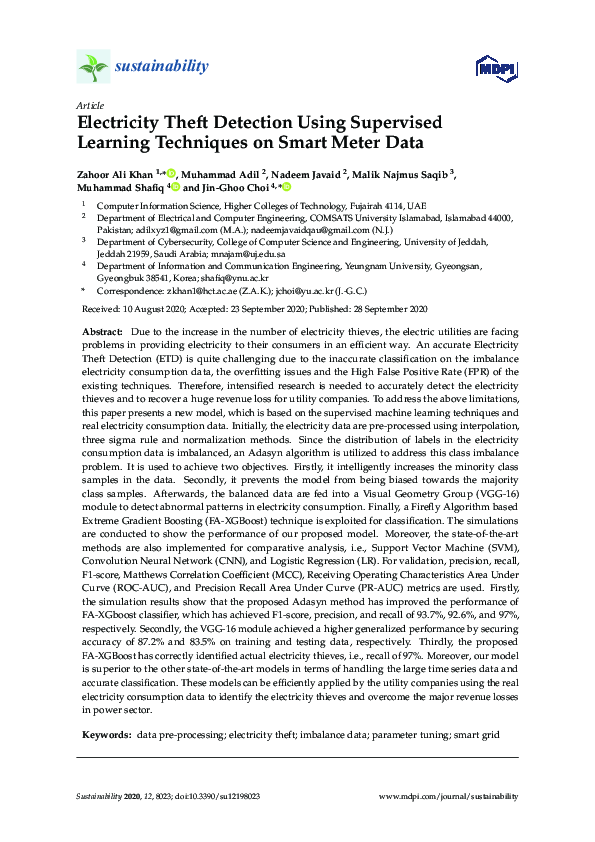 Pdf Electricity Theft Detection Using Supervised Learning Techniques On Smart Meter Data 