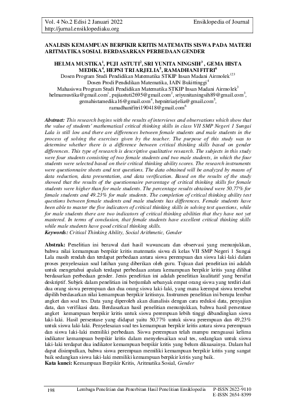 (PDF) Analisis Kemampuan Berpikir Kritis Matematis Siswa Pada Materi Aritmatika Sosial ...