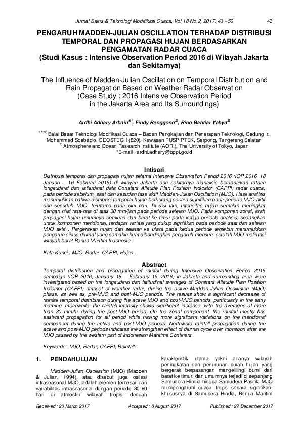 (PDF) PENGARUH MADDEN-JULIAN OSCILLATION TERHADAP DISTRIBUSI TEMPORAL DAN PROPAGASI HUJAN ...