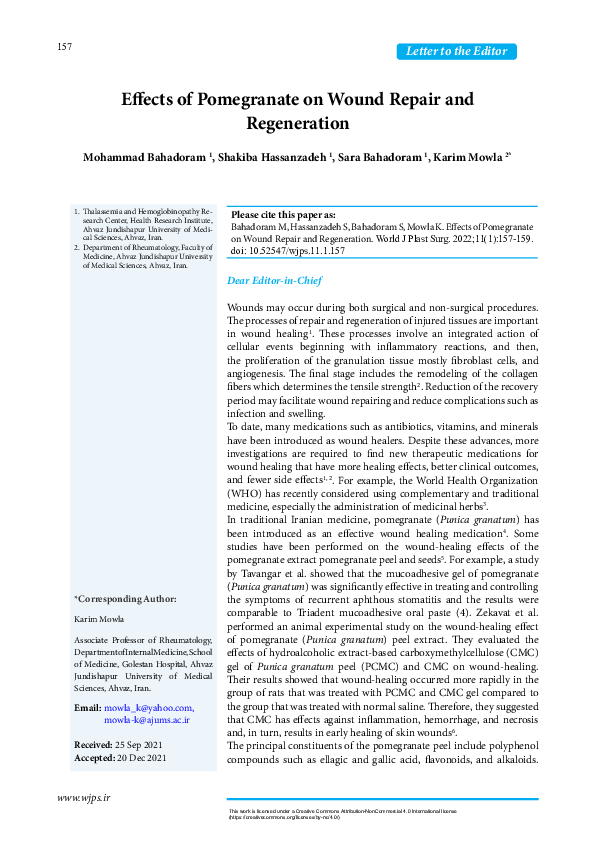 (PDF) Effects of Pomegranate on Wound Repair and Regeneration | Karim Mowla - Academia.edu