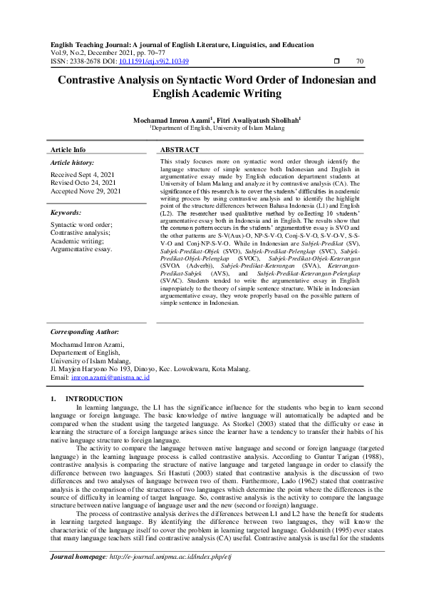 (PDF) Syntactic Word Order between Indonesian and English: Building a Concept through ...