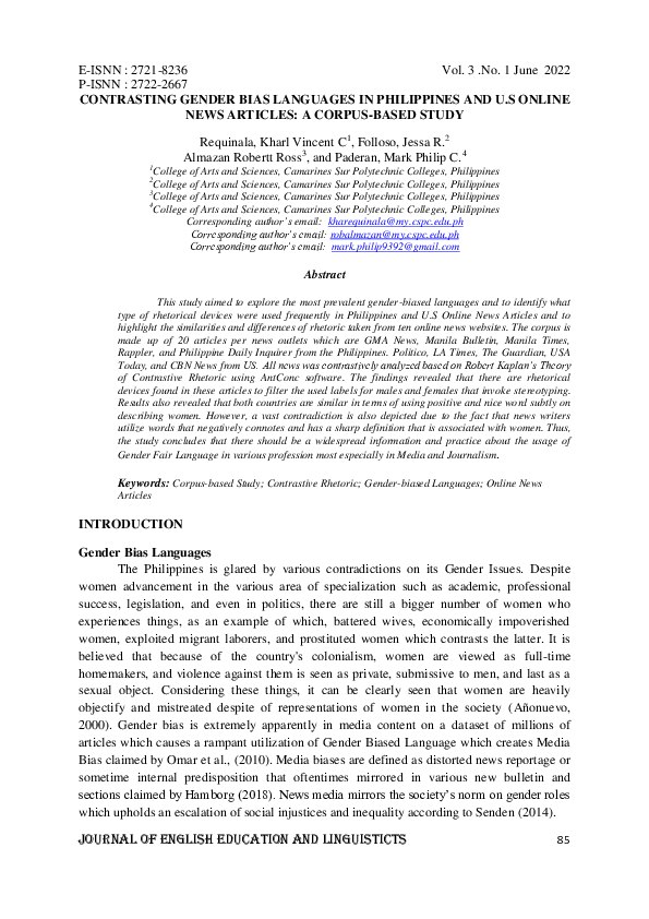 (PDF) Contrasting Gender Bias Languages in Philippines and U.S Online ...