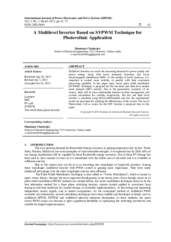 Pdf A Multilevel Inverter Based On Svpwm Technique For Photovoltaic Application