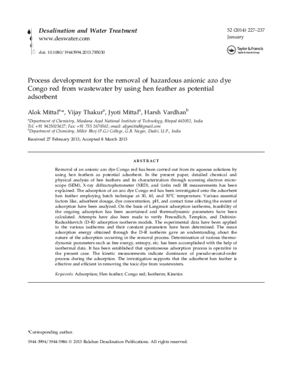 (PDF) Removing Congo Red Dye from Wastewater Using Hen Feathers