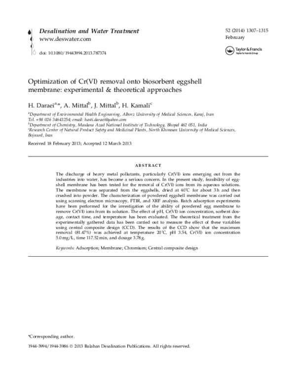 (PDF) Optimization of Cr(VI) removal onto biosorbent eggshell membrane: experimental ...