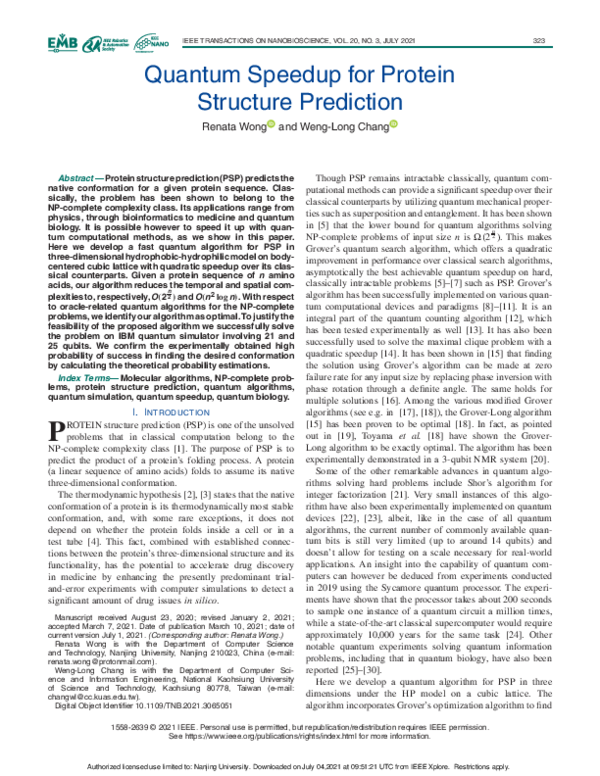 (PDF) Quantum Speedup for Protein Structure Prediction