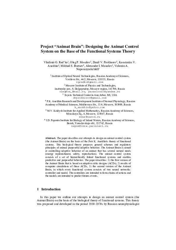 (PDF) Project “Animat Brain”: Designing the Animat Control System on ...