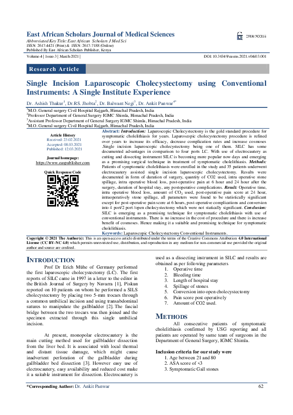 (PDF) Single Incision Laparoscopic Cholecystectomy using Conventional Instruments: A Single ...