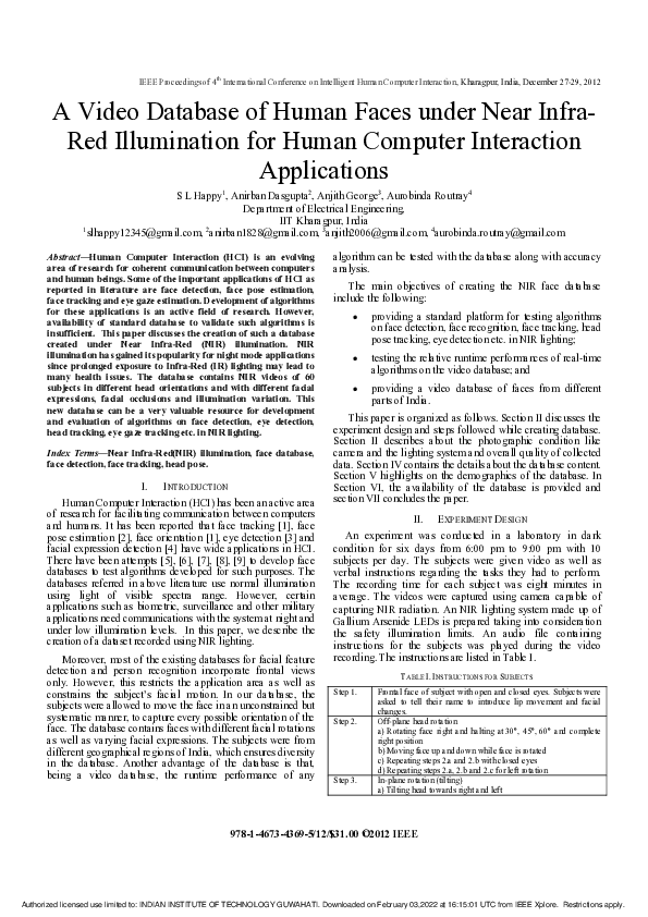 (PDF) A video database of human faces under near Infra-Red illumination for human computer ...
