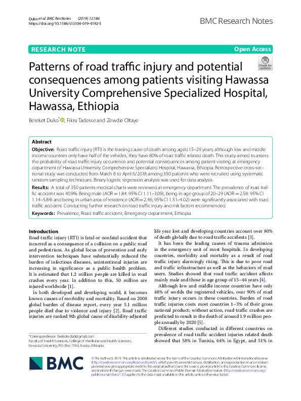 (PDF) Patterns of road traffic injury and potential consequences among patients visiting Hawassa ...