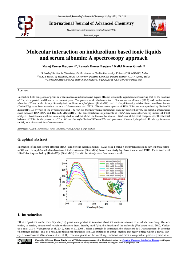 (PDF) Molecular interaction on imidazolium based ionic liquids and serum albumin: A spectroscopy ...