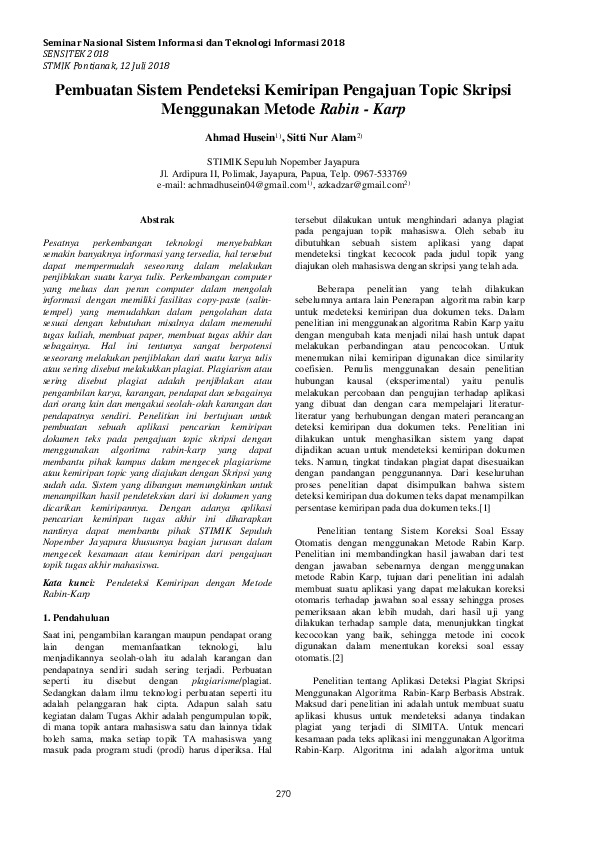 (PDF) Pembuatan Sistem Pendeteksi Kemiripan Pengajuan Topic Skripsi Menggunakan Metode Rabin ...