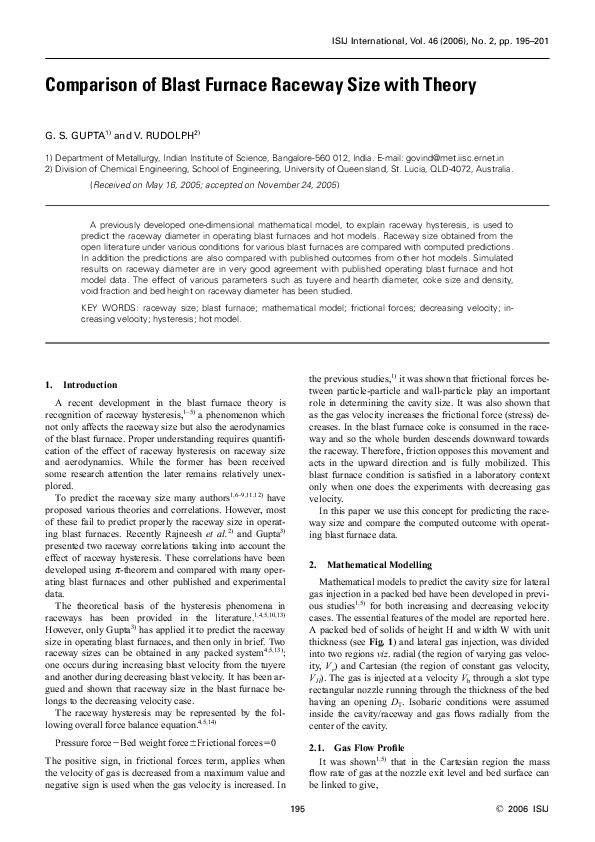 (PDF) Comparison of Blast Furnace Raceway Size with Theory