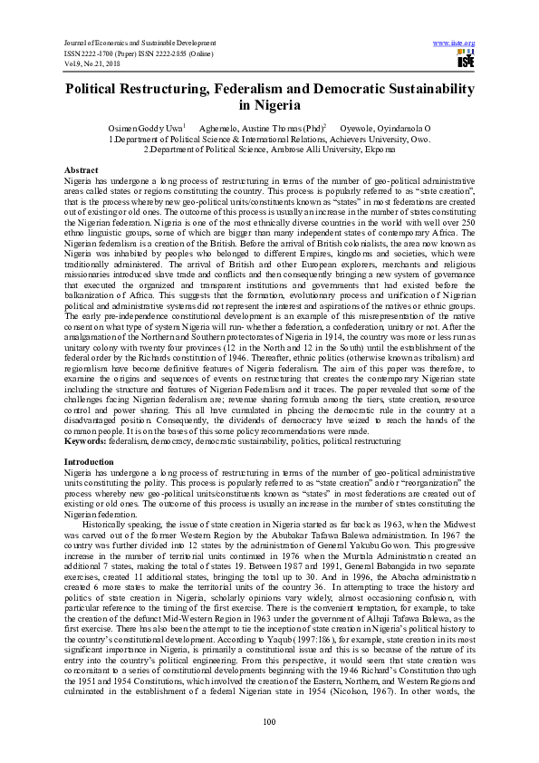 (PDF) Political Restructuring, Federalism and Democratic Sustainability in Nigeria