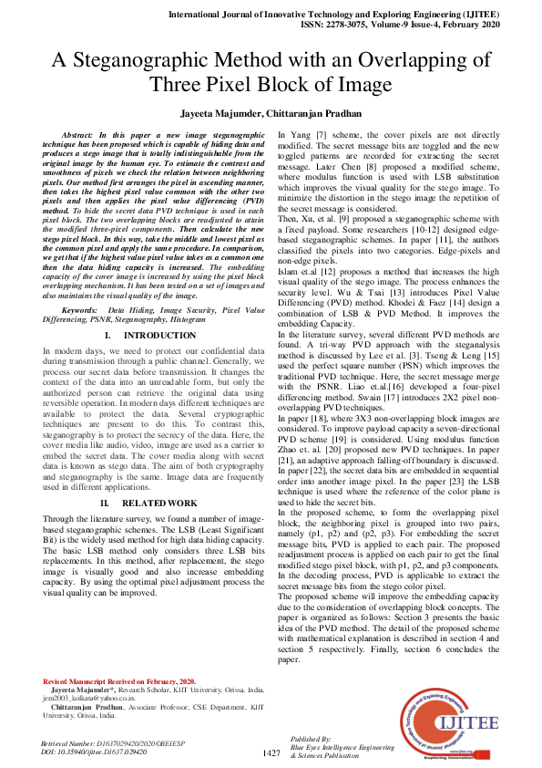 Pdf A Steganographic Method With An Overlapping Of Three Pixel Block Of Image Jayeeta