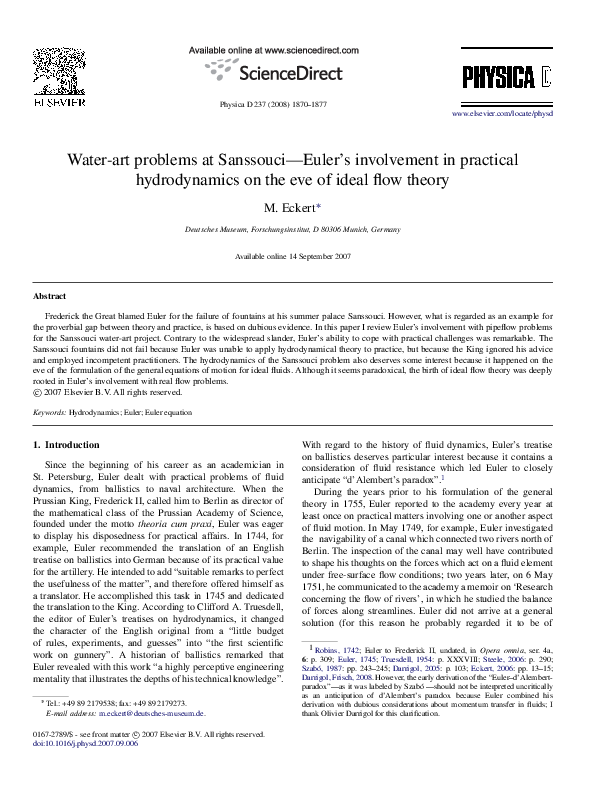 (PDF) Water-art problems at Sanssouci—Euler’s involvement in practical hydrodynamics on the eve ...