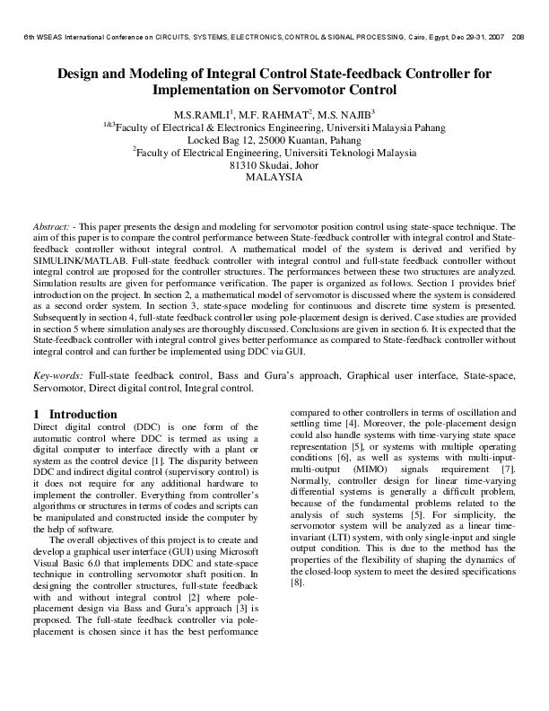 (PDF) Design and Modeling of Integral Control State-feedback Controller ...