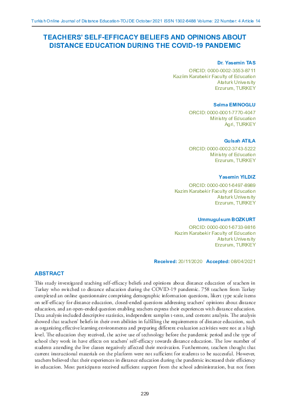 (PDF) Teachers’ Self-Efficacy Beliefs and Opinions About Distance Education During the COVID-19 ...