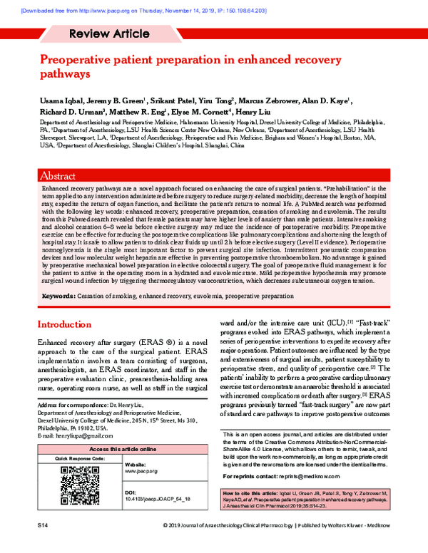 (PDF) Preoperative patient preparation in enhanced recovery pathways