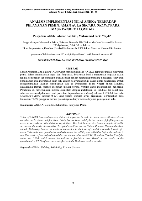 (PDF) Analisis Implementasi Nilai Aneka Terhadap Pelayanan Peminjaman Aula Secara Online Pada ...