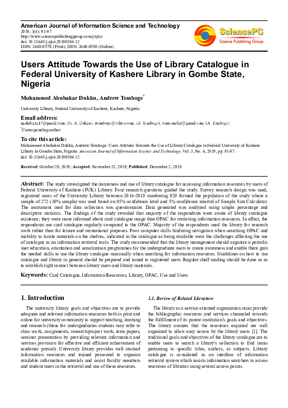 (PDF) Users Attitude Towards the Use of Library Catalogue in Federal ...