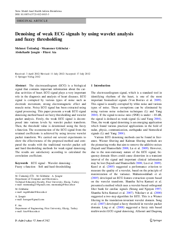 Pdf Denoising Of Weak Ecg Signals By Using Wavelet Analysis And Fuzzy