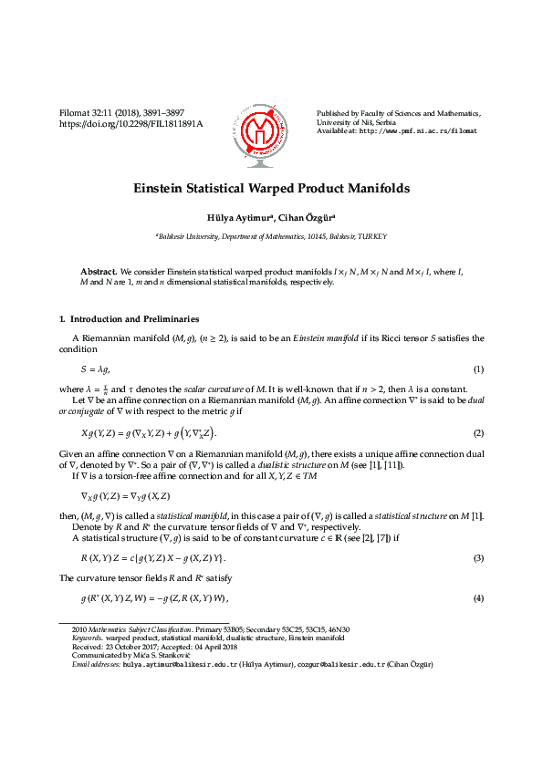 (PDF) Einstein statistical warped product manifolds