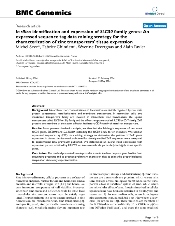 (PDF) In silico identification and expression of SLC30 family genes: an expressed sequence tag ...