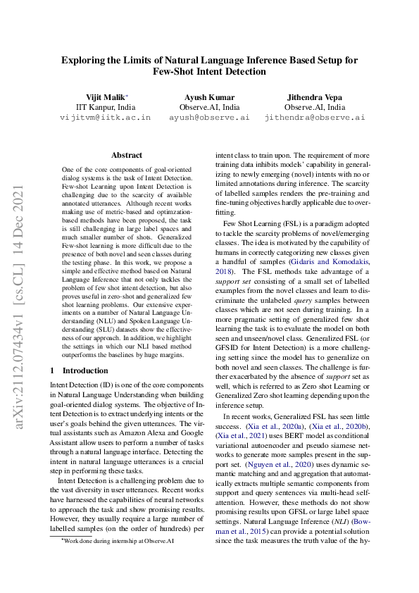 (PDF) Exploring the Limits of Natural Language Inference Based Setup for Few-Shot Intent Detection
