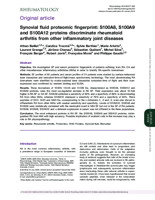 (PDF) Synovial fluid proteomic fingerprint: S100A8, S100A9 and S100A12 proteins discriminate ...